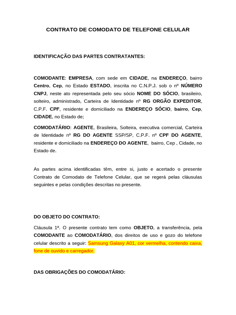 Contrato de Comodato de Telefone Celular | PDF | Telefone