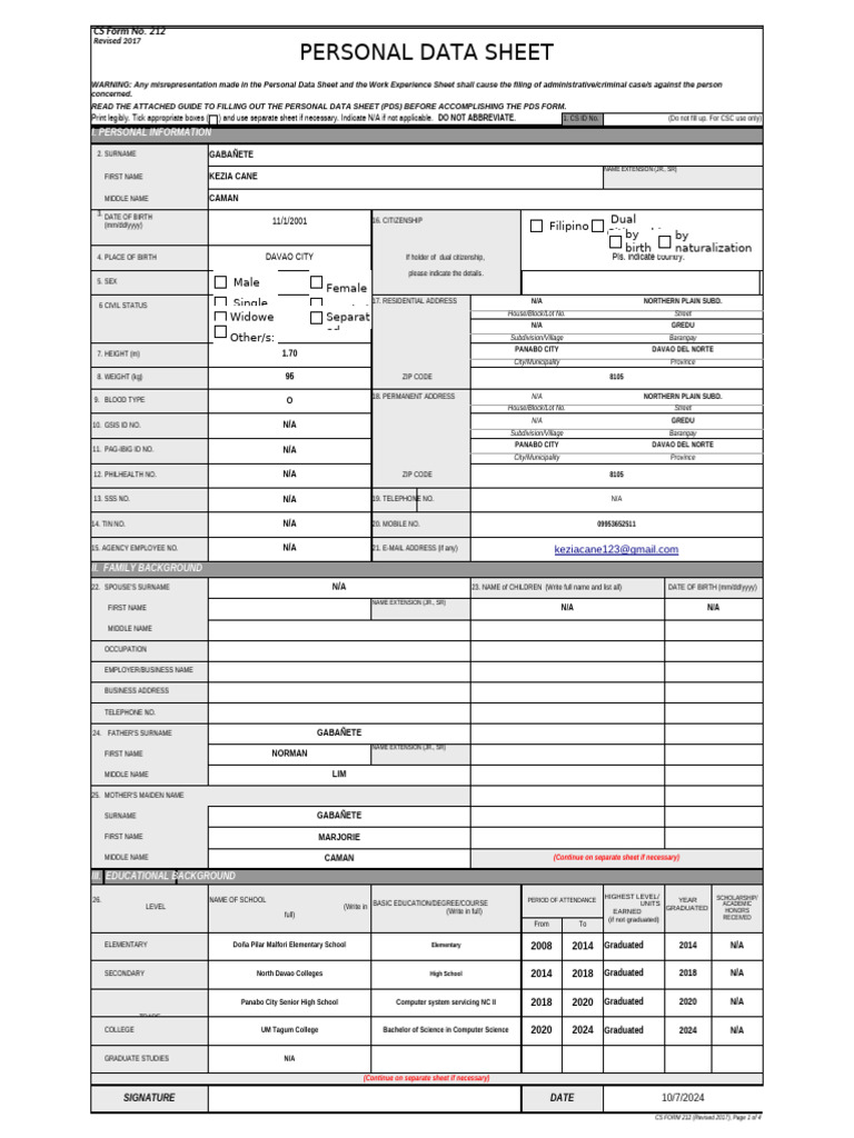 CS Form No. 212 Personal Data Sheet Revised | PDF | Government | Justice