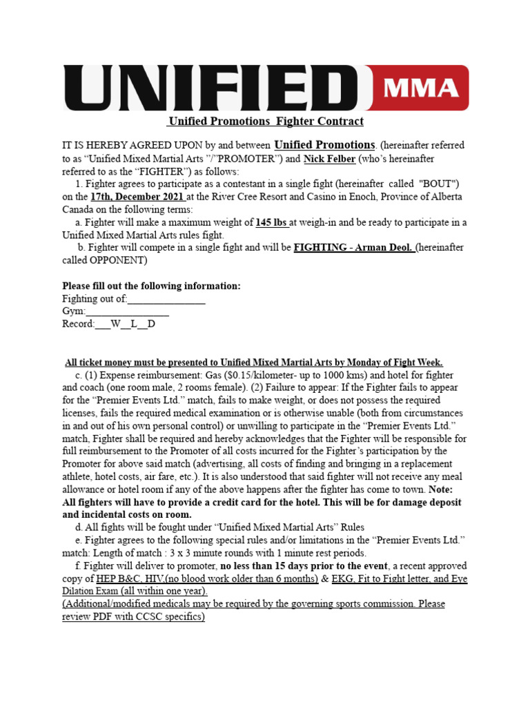 Nick Felber Amateur Bout Agreement Unified 42 | PDF | Mixed Martial ...
