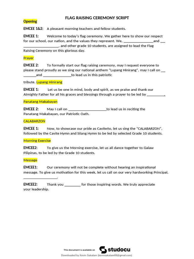 Flag Raising Ceremony Script g10 | PDF
