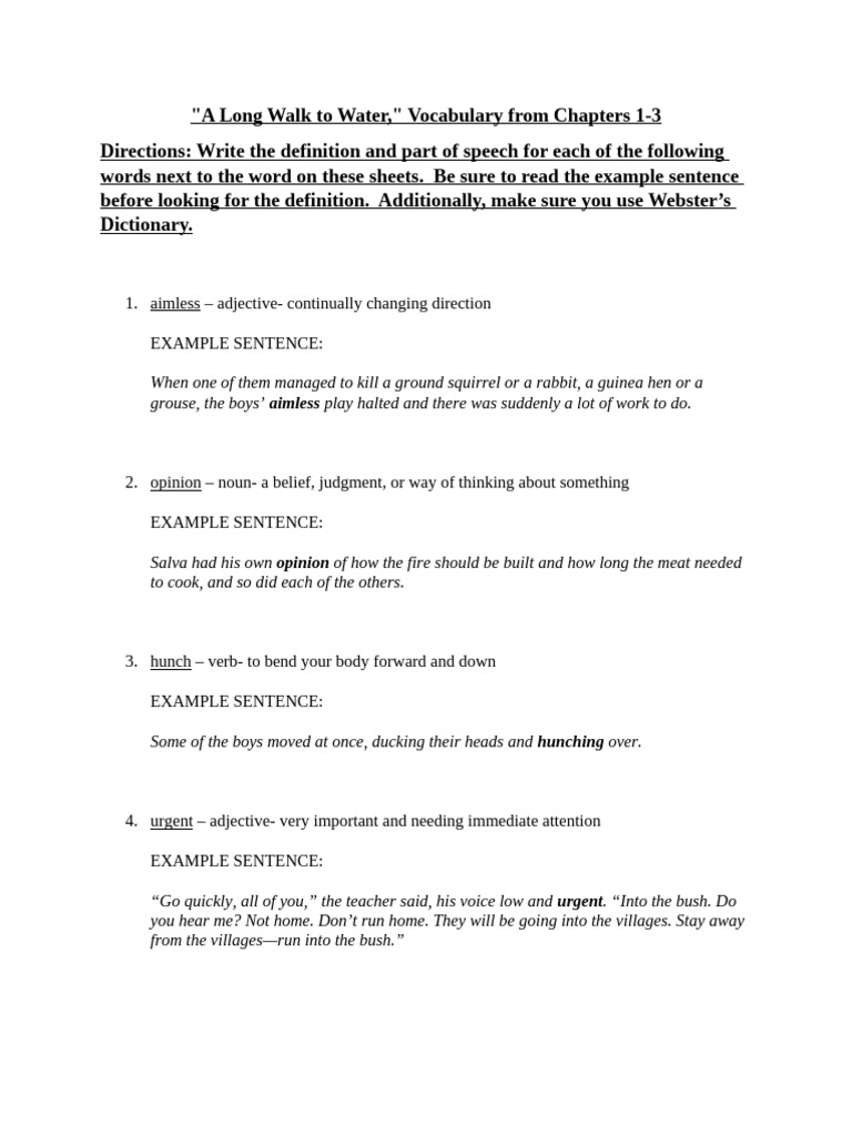 A Long Walk To Water Vocabulary Chapters 1-3 Key | PDF | Verb | Adjective