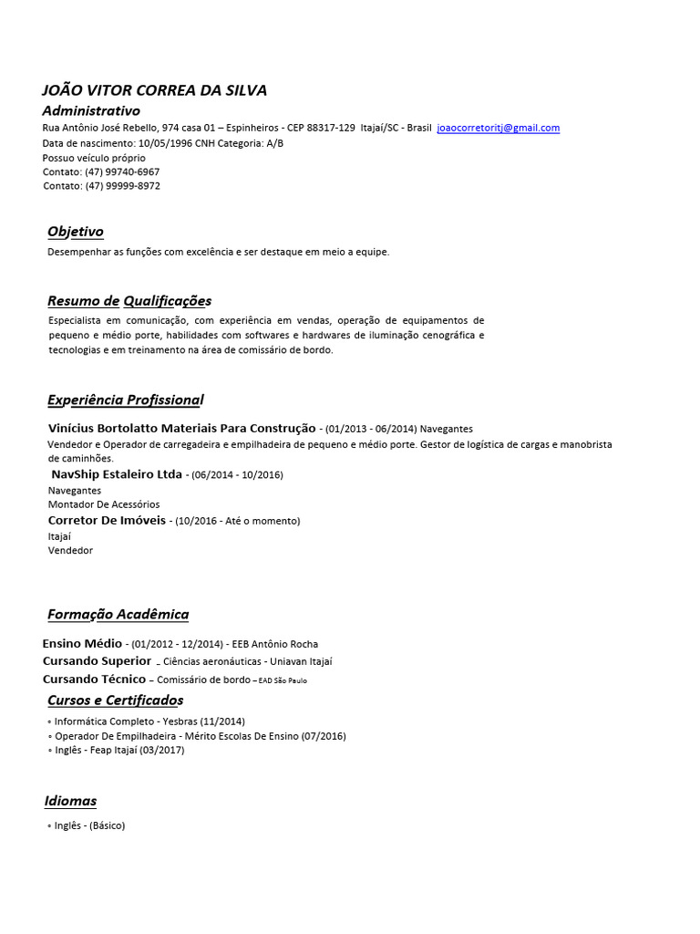 Curriculo João Vitor - Adm | PDF