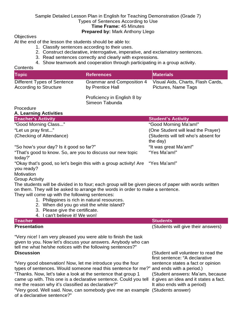 Sample Detailed Lesson Plan in English For Teaching Demonstration | PDF ...