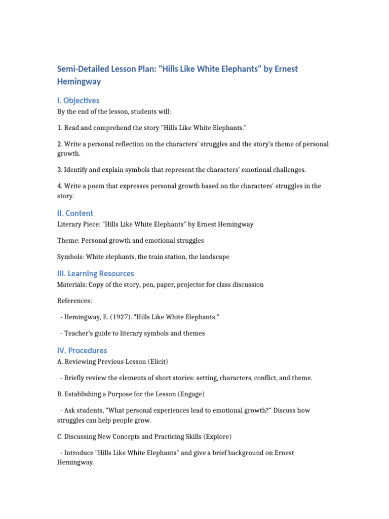 Lesson Plan for "Hills Like White Elephants" | PDF | Lesson Plan ...