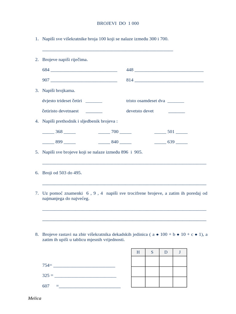 Brojevi Do 1000 Provjera | PDF