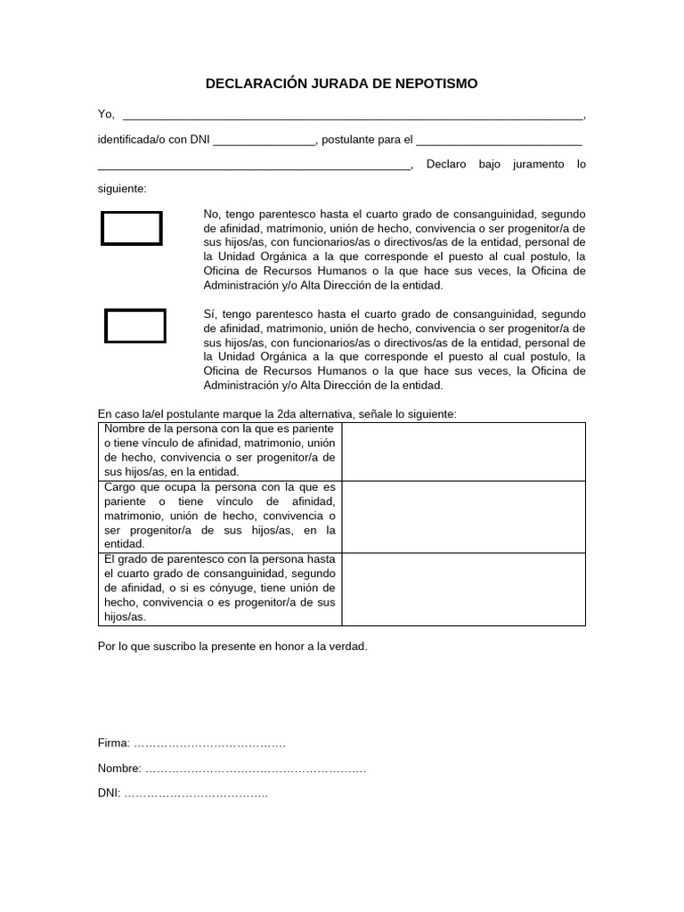 Declaración Jurada de Nepotismo | PDF