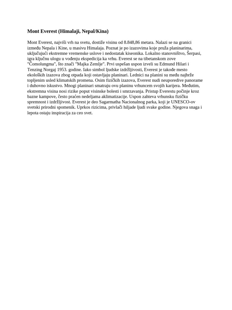 Mont Everest (Himalaji, Nepal/Kina) | PDF