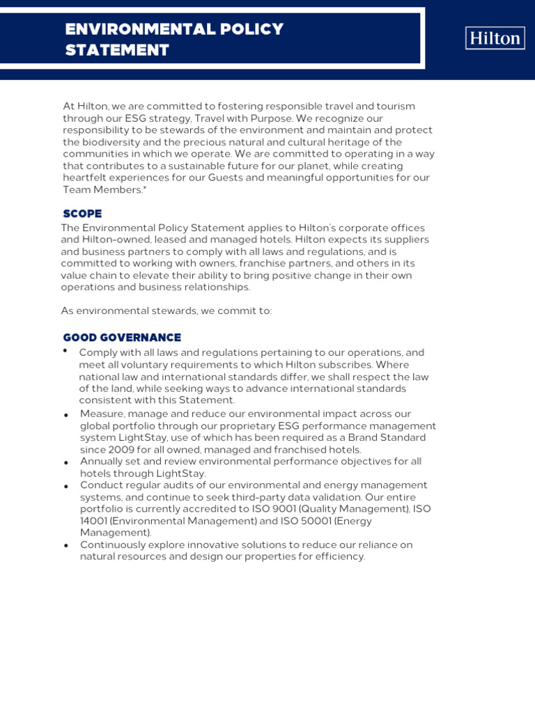 Hilton's Environmental Policy Overview | PDF | Sustainability | Waste