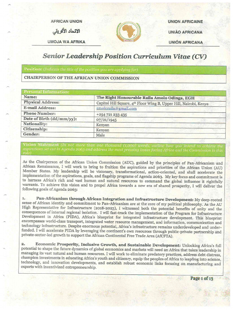 File Kenya R.T.hon .Raila Amolo Odinga English CV | PDF