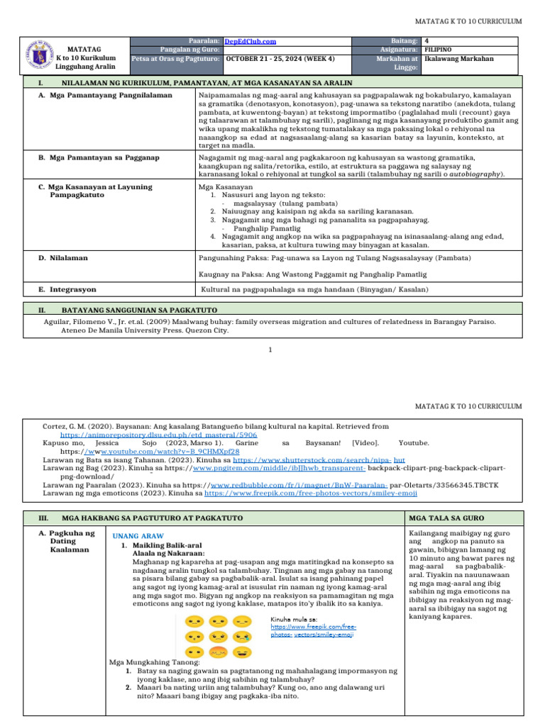 DLL Matatag - Filipino 4 Q2 W4 | PDF