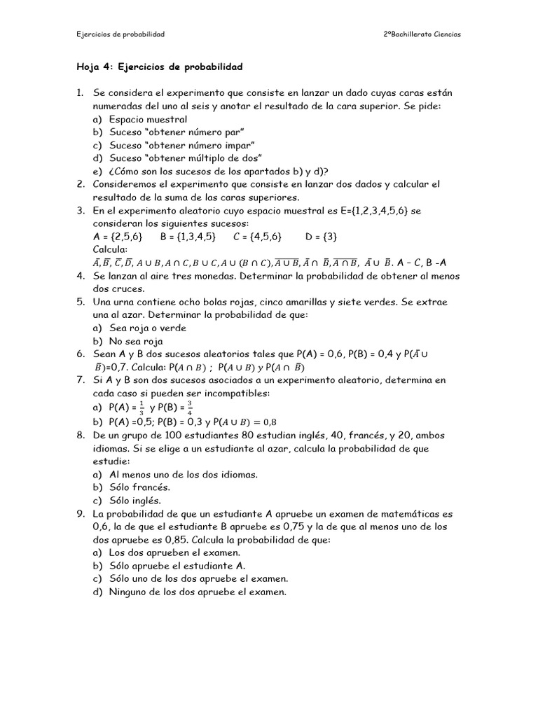 Hoja 4-Ejercicios de Probabilidad | PDF | Probabilidad | Teoría de probabilidad