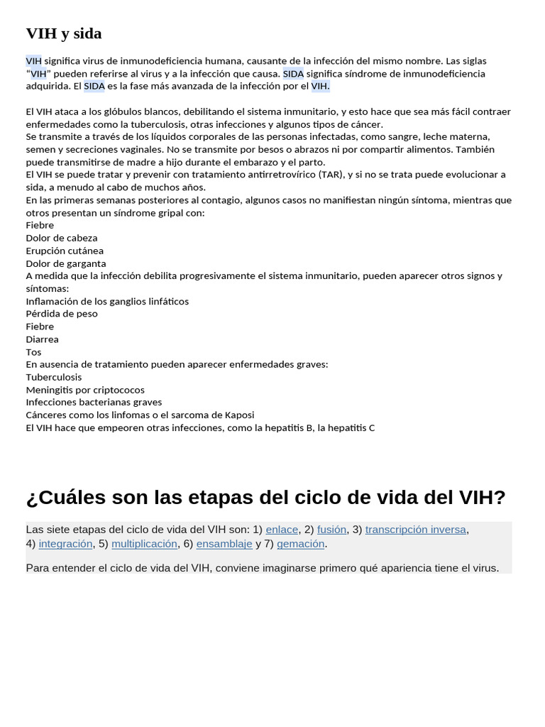 Ciclo de Vida del VIH y Síntomas | PDF