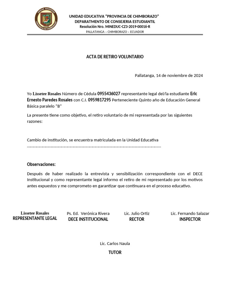 ACTA DE RETIRO VOLUNTARIO | PDF