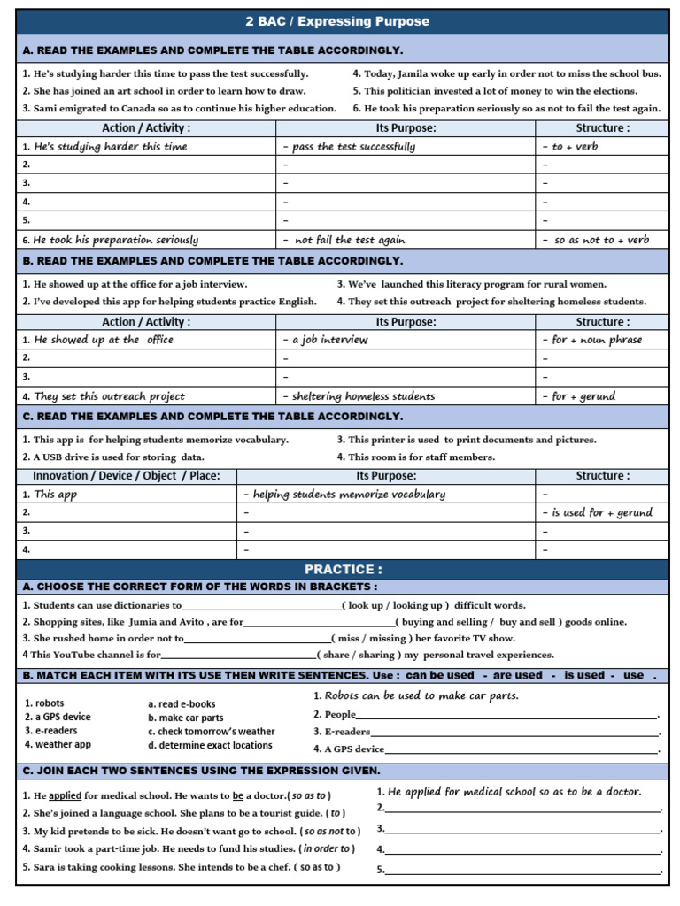 2 Bac - Expressing Purpose Handout | PDF | Verb | Grammar