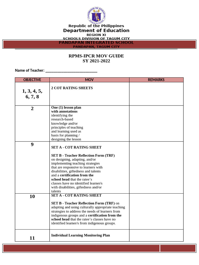 Mov Guide Ipcrf 2021-2022 | PDF | Learning | Teachers
