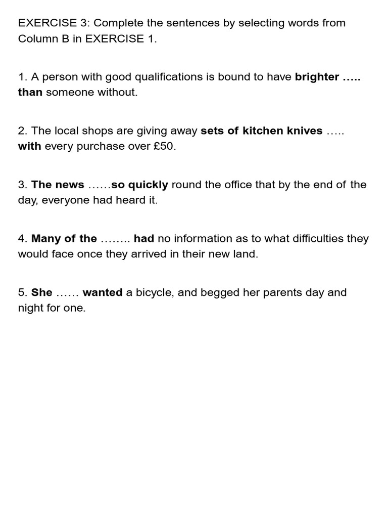 EXERCISE 3 Complete The Sentences by Selecting Words From Column B in EXERC - 20250124 - 122226 ...