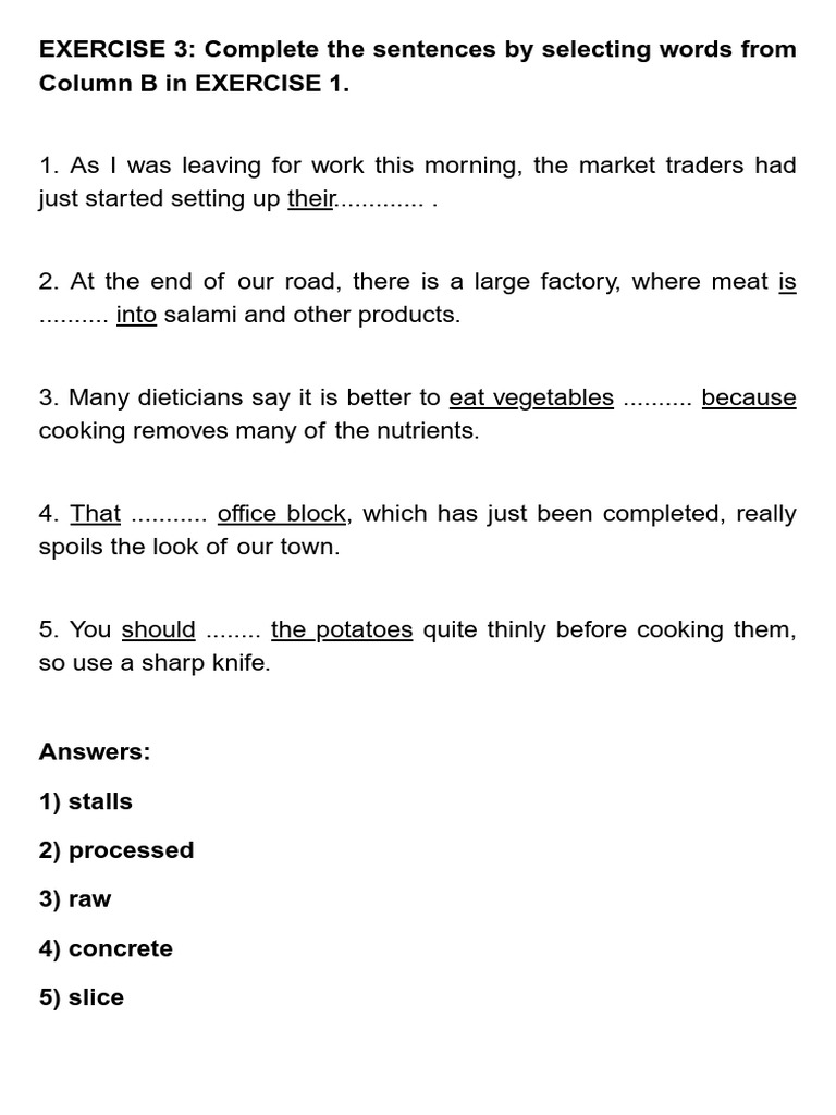 EXERCISE 3 Complete The Sentences by Selecting Words From Column B in ...