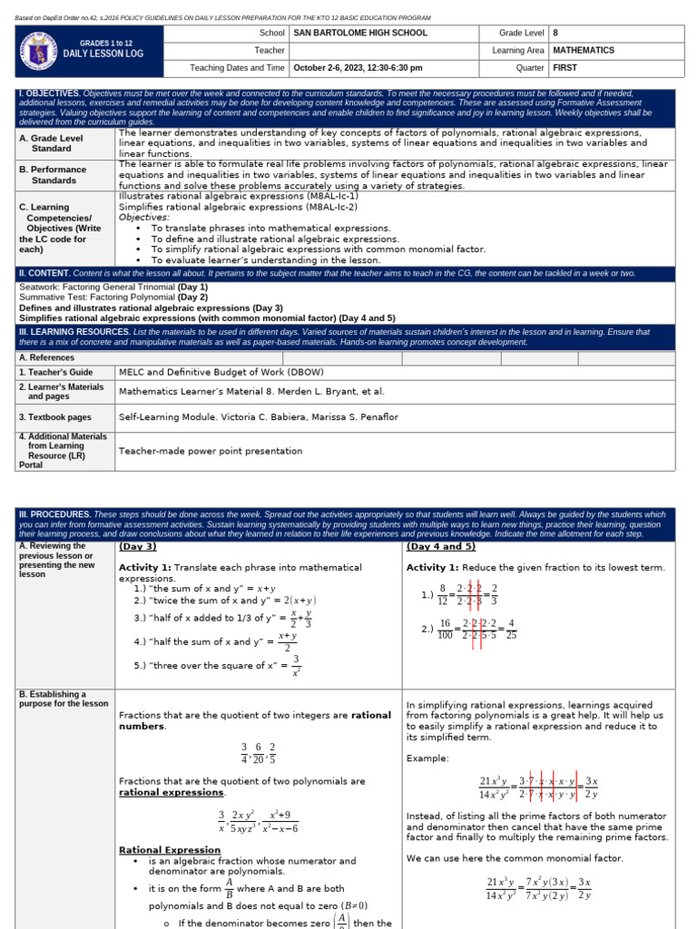 Math8 Oct2 6 Daily Lesson Log | PDF | Factorization | Polynomial