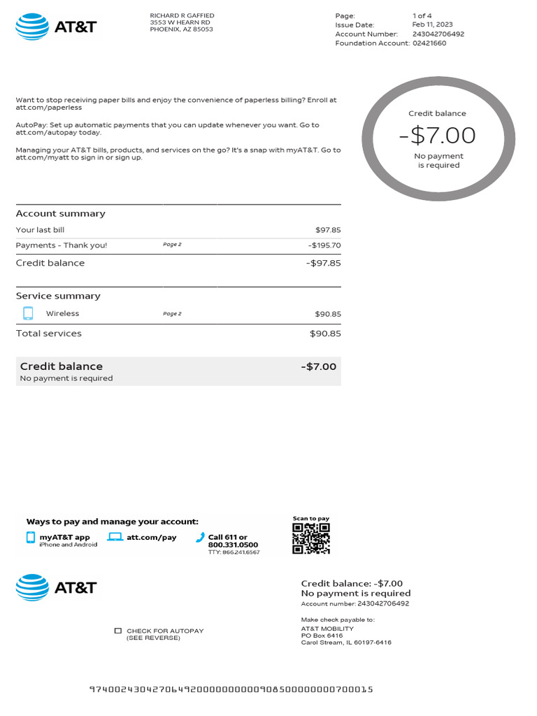 AT&T Bill Summary for Richard Gaffied | PDF | Payments | Service Industries