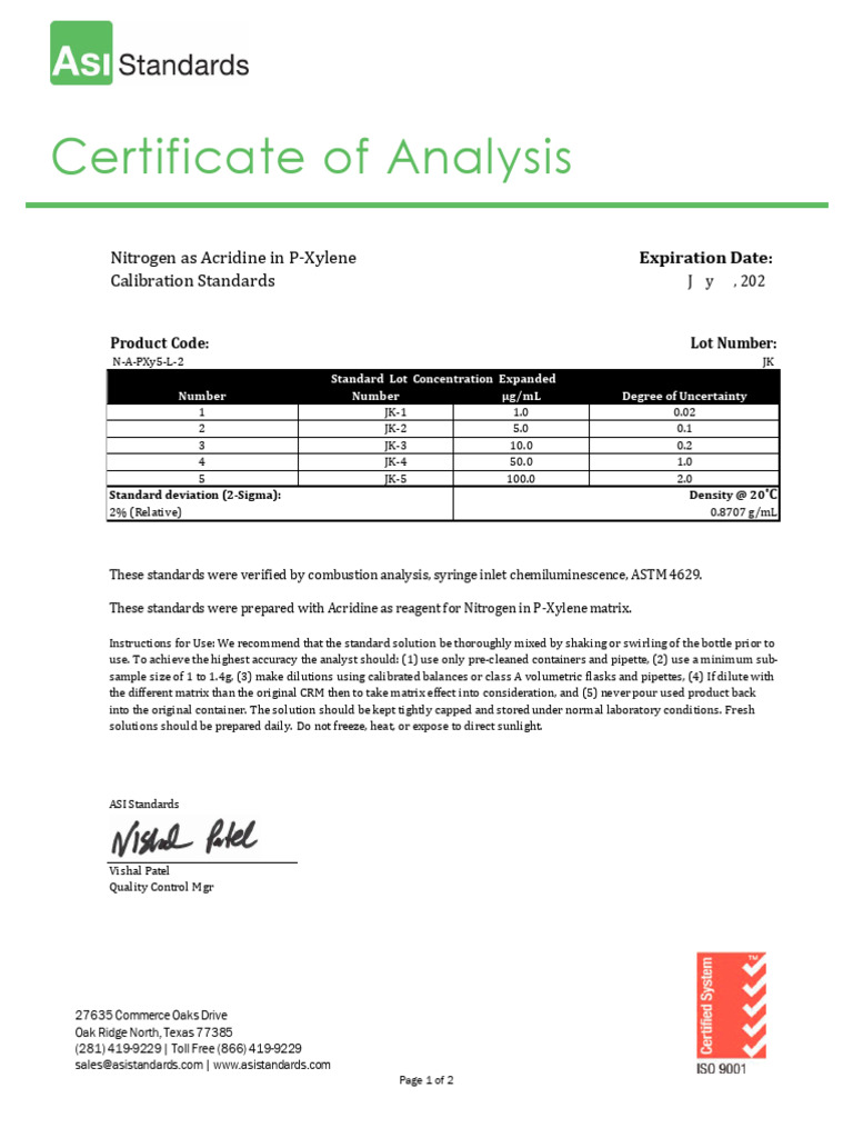 Certificate of Analysis: Nitrogen As Acridine in P-Xylene Calibration Standards | PDF ...