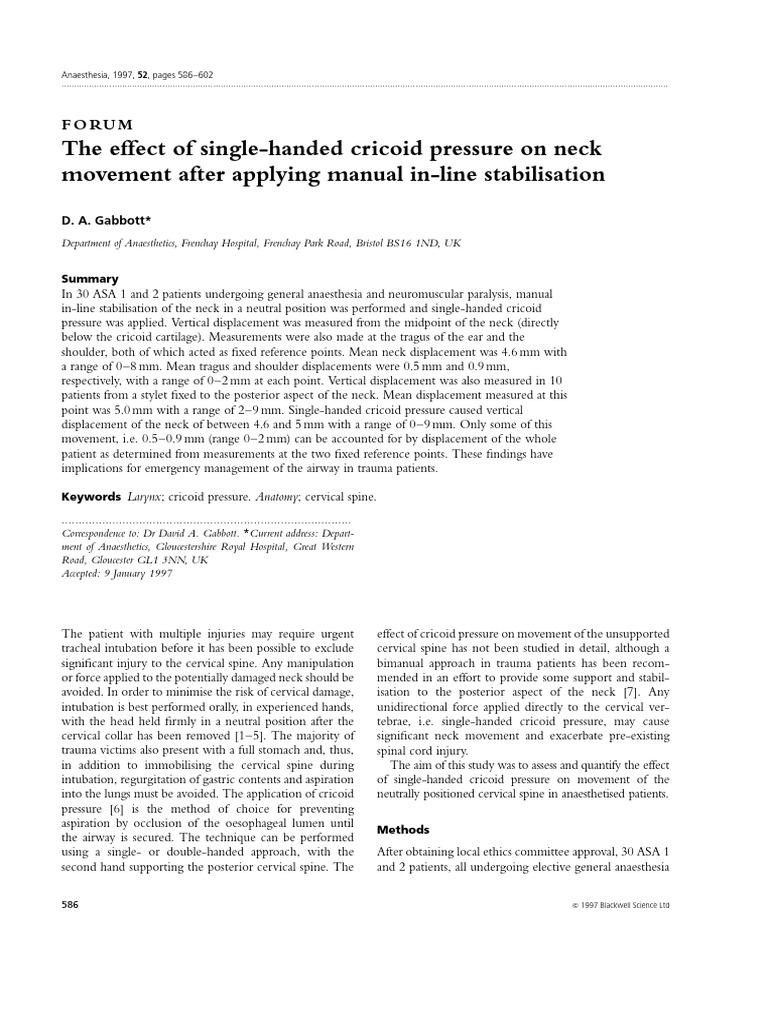 Anaesthesia - 2004 - Gabbott - The effect of single‐handed cricoid ...