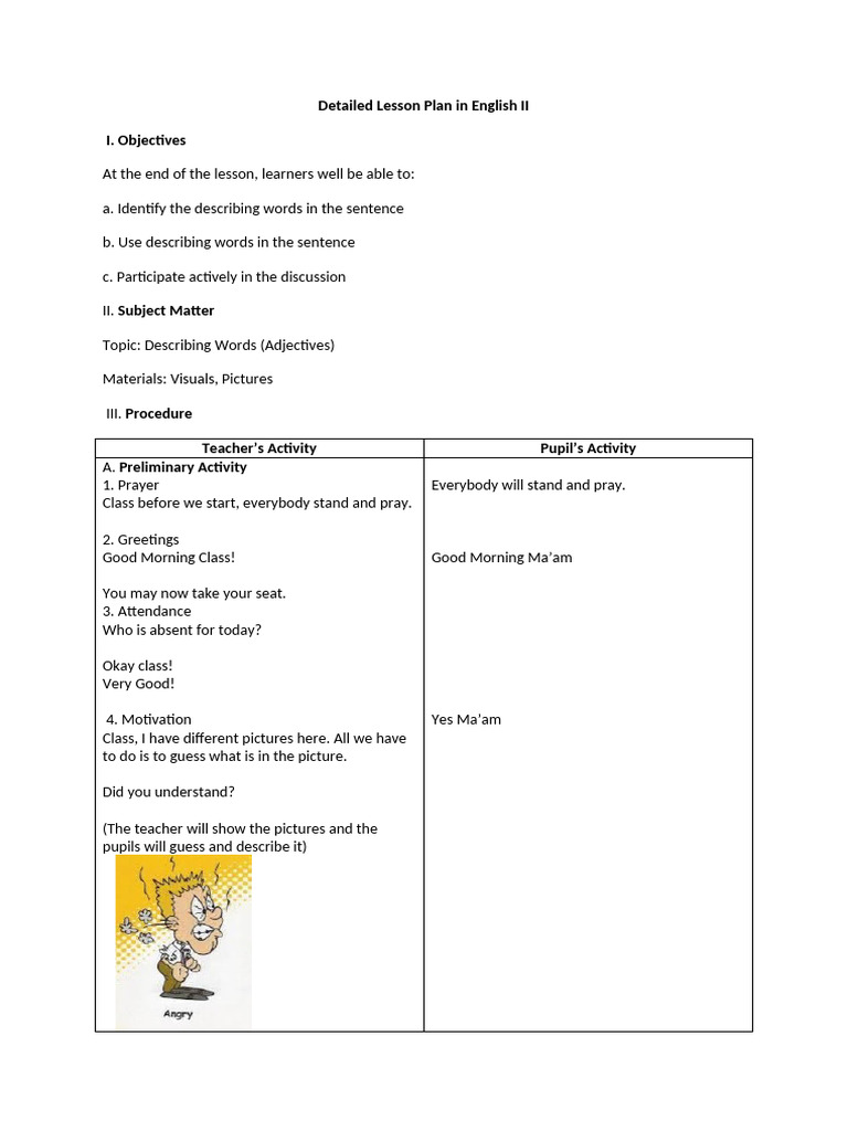 Lesson Plan on Describing Words | PDF | Lesson Plan