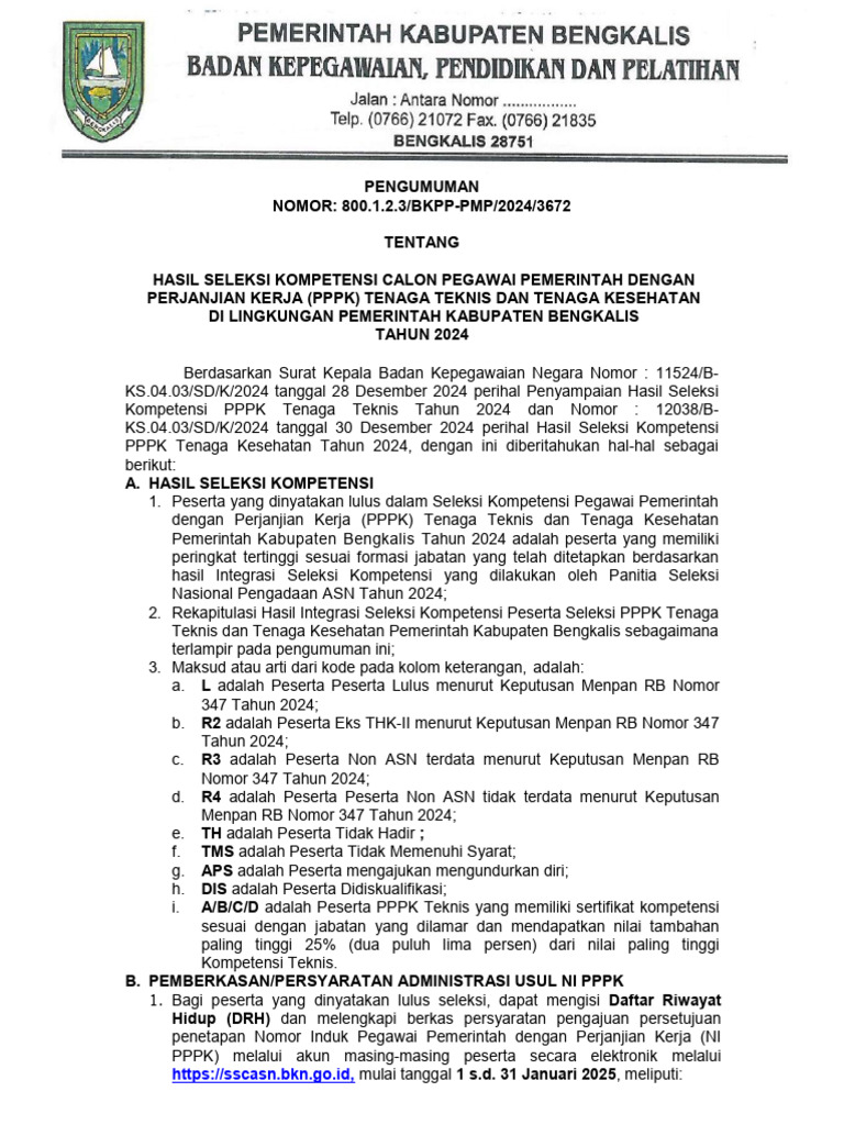 Pengumuman Hasil Seleksi Kompetensi Pengadaan PPPK Tahap 1 Tahun 2024 | PDF