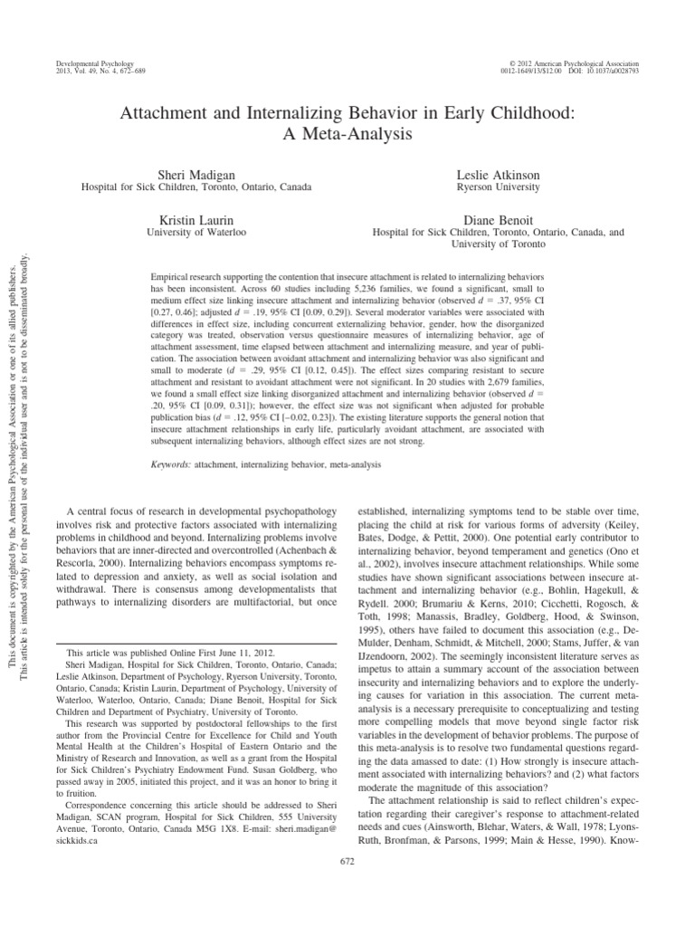 Attachment and Internalizing Behavior in Early Childhood A Meta ...
