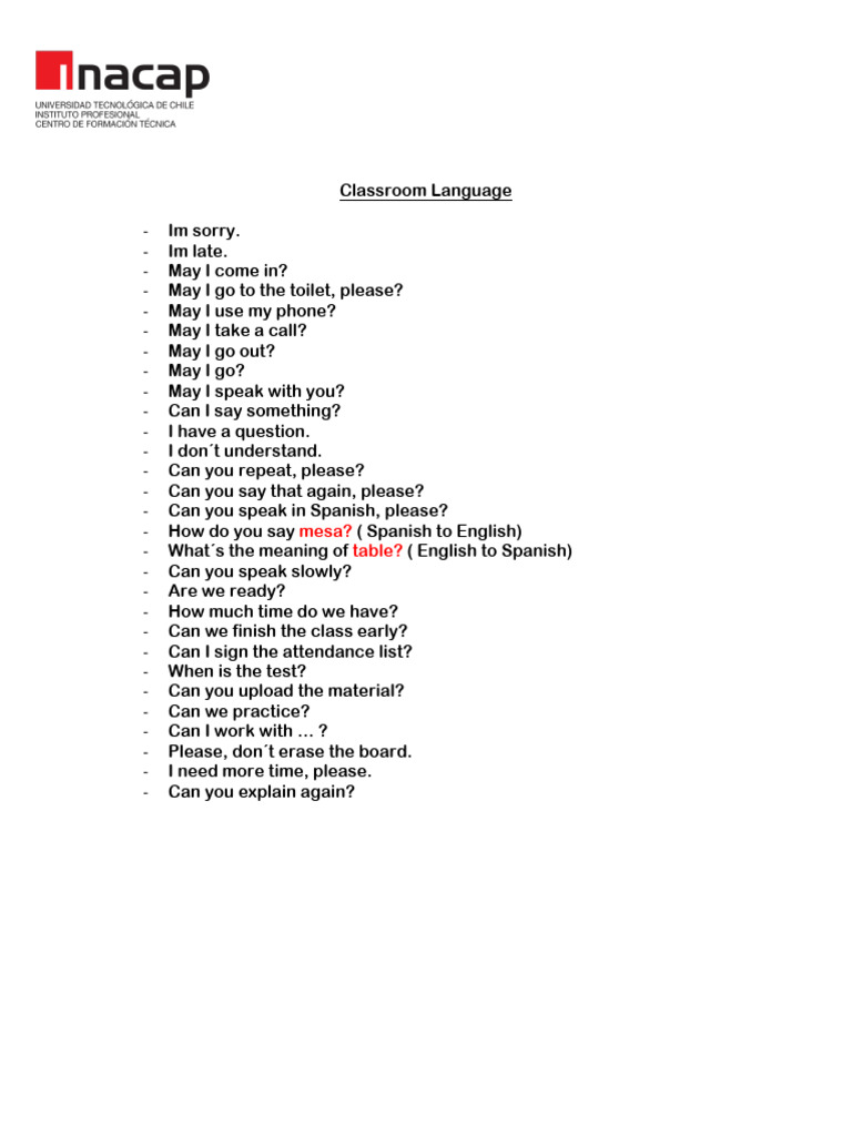 Essential Classroom Language Phrases | PDF