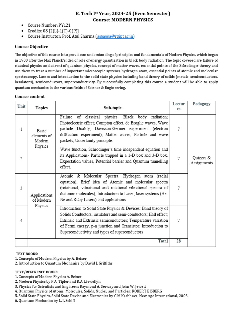 Modern Physics-Course Plan-Prof - Atul Sharma | PDF | Physics | Quantum ...
