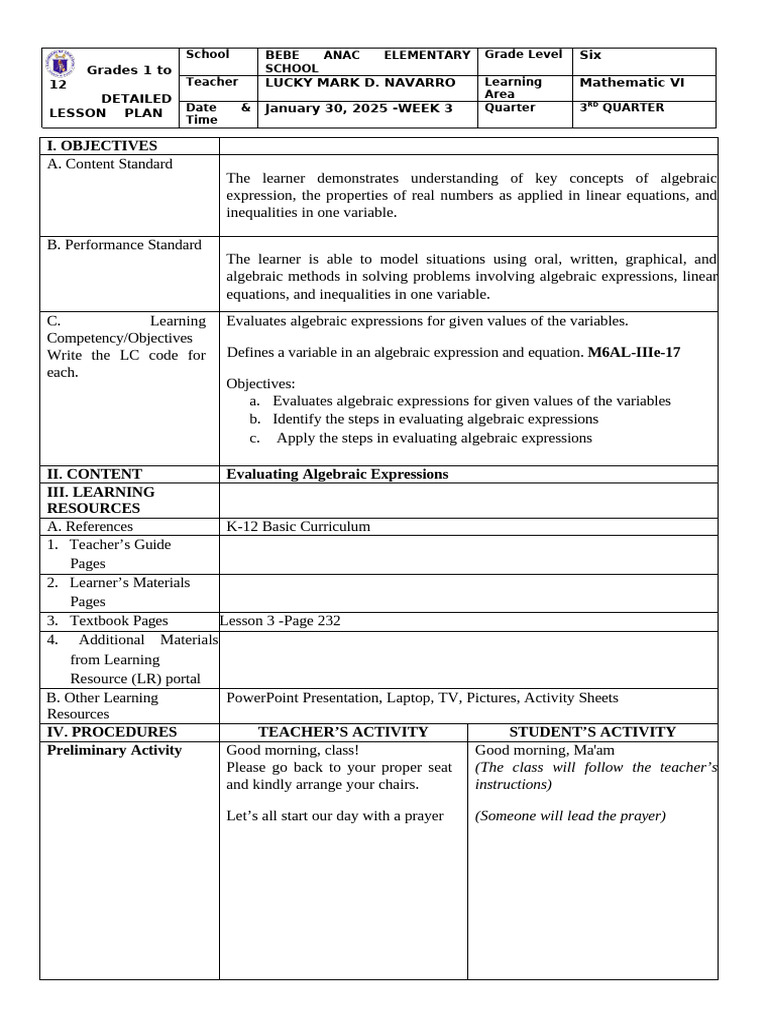 Grade 7 Detailed Lesson Plan On Evaluating Algebraic Expressions | PDF | Equations | Variable ...