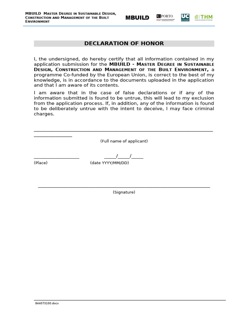 Declaration of Honour MBUILD en | PDF