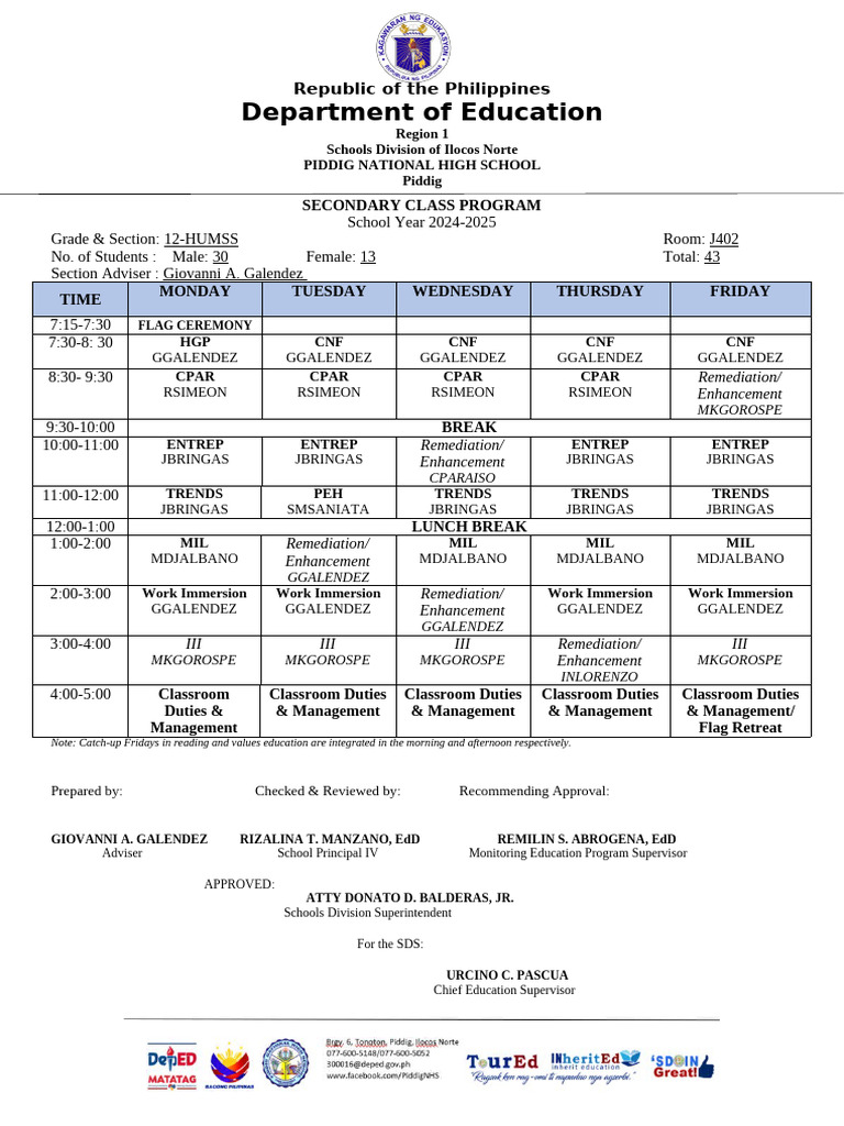 12 HUMSS - Secondary Class Program and Teachers Class Schedule 2024 ...