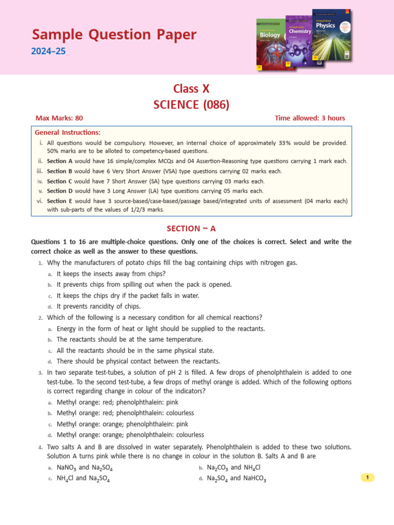 Class 10 Science Sample Paper 2024-25 | PDF | Redox | Carbon Dioxide