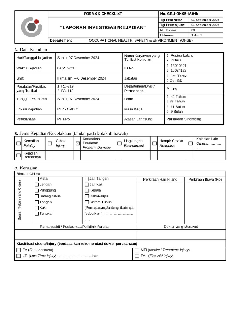 Laporan - Investigasi - Kecelakaan - LIK (Rufina Lalang & Petrus) | PDF