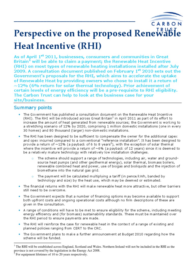 Perspective On The Proposed Renewable Heat Incentive (RHI) : Summary ...