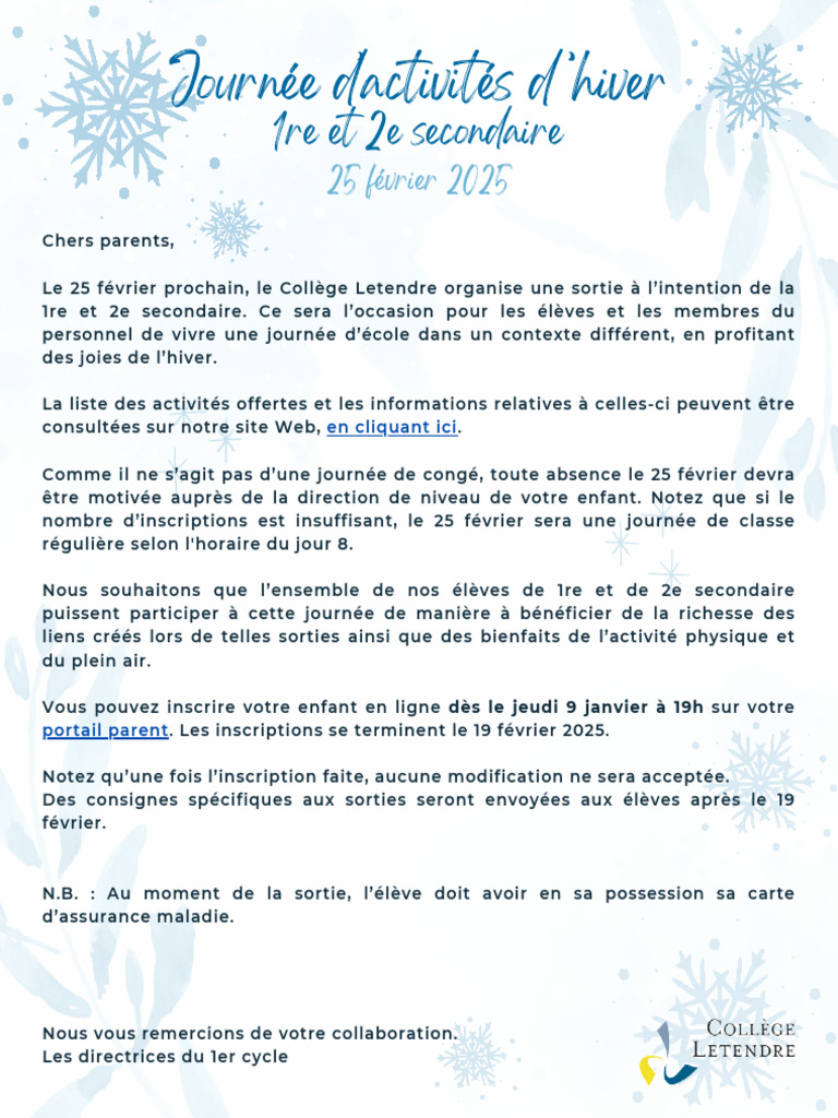 Sortie d'hiver pour 1re et 2e secondaire | PDF