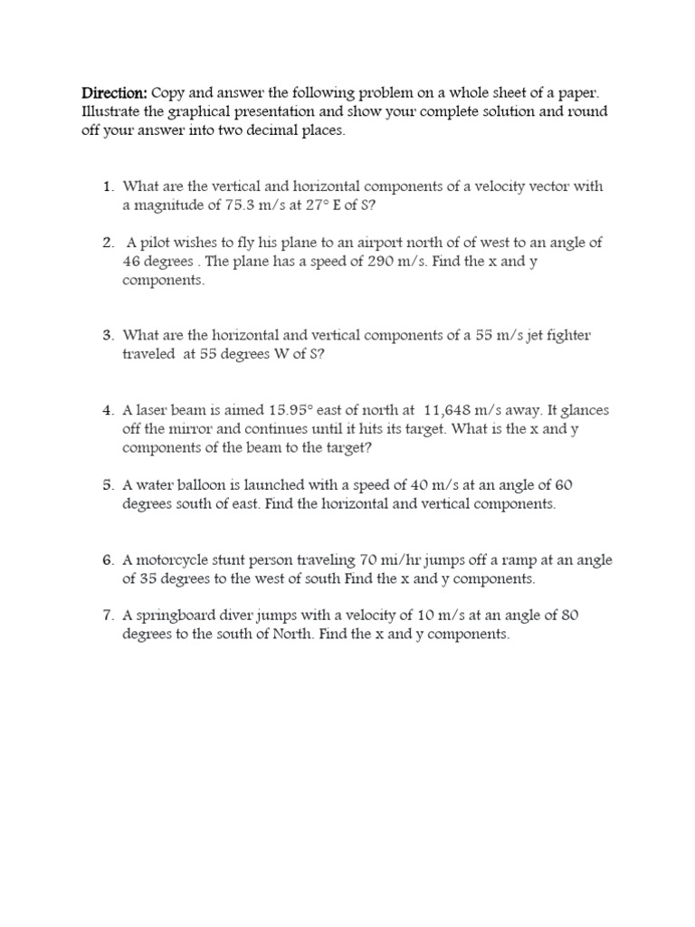 Vector Components Calculation Worksheet | PDF