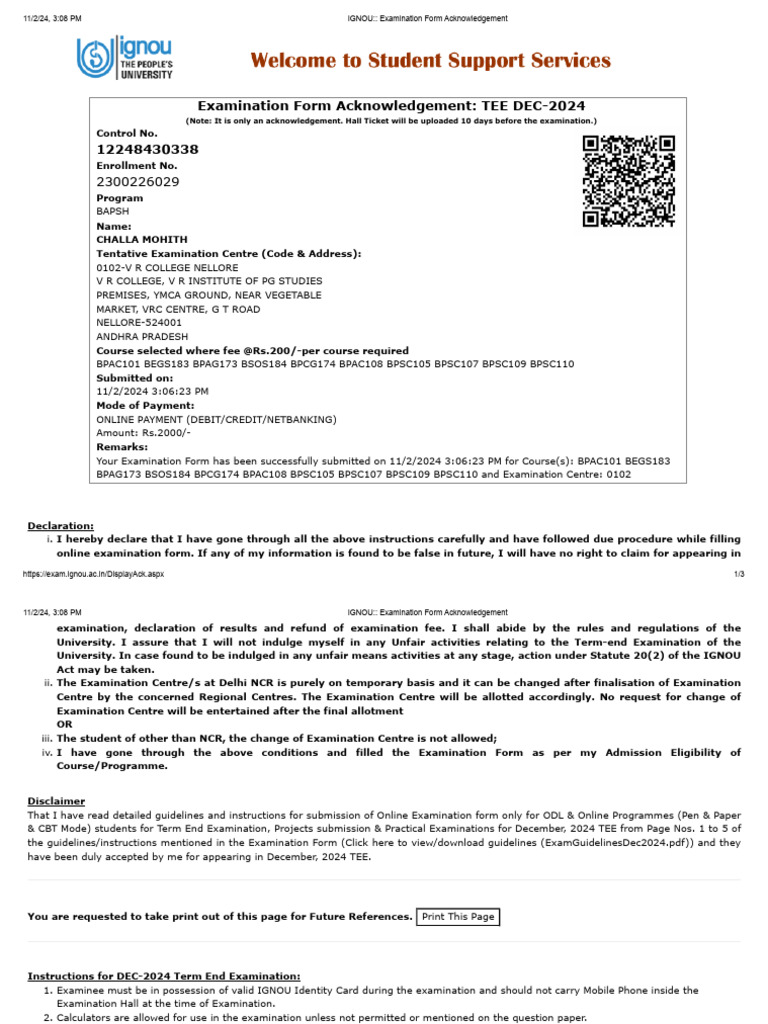 IGNOU - Examination Form Acknowledgement - PDF New | PDF