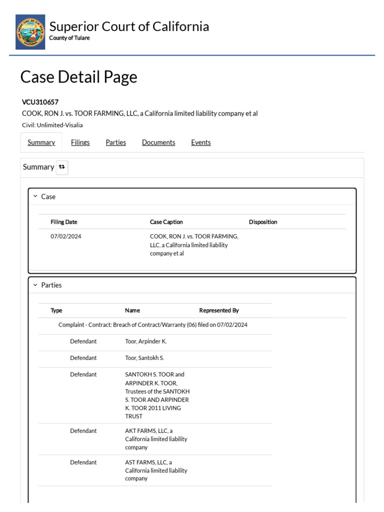 Toor Farming LLC Breach of Contract Case | PDF | Complaint | Legal ...