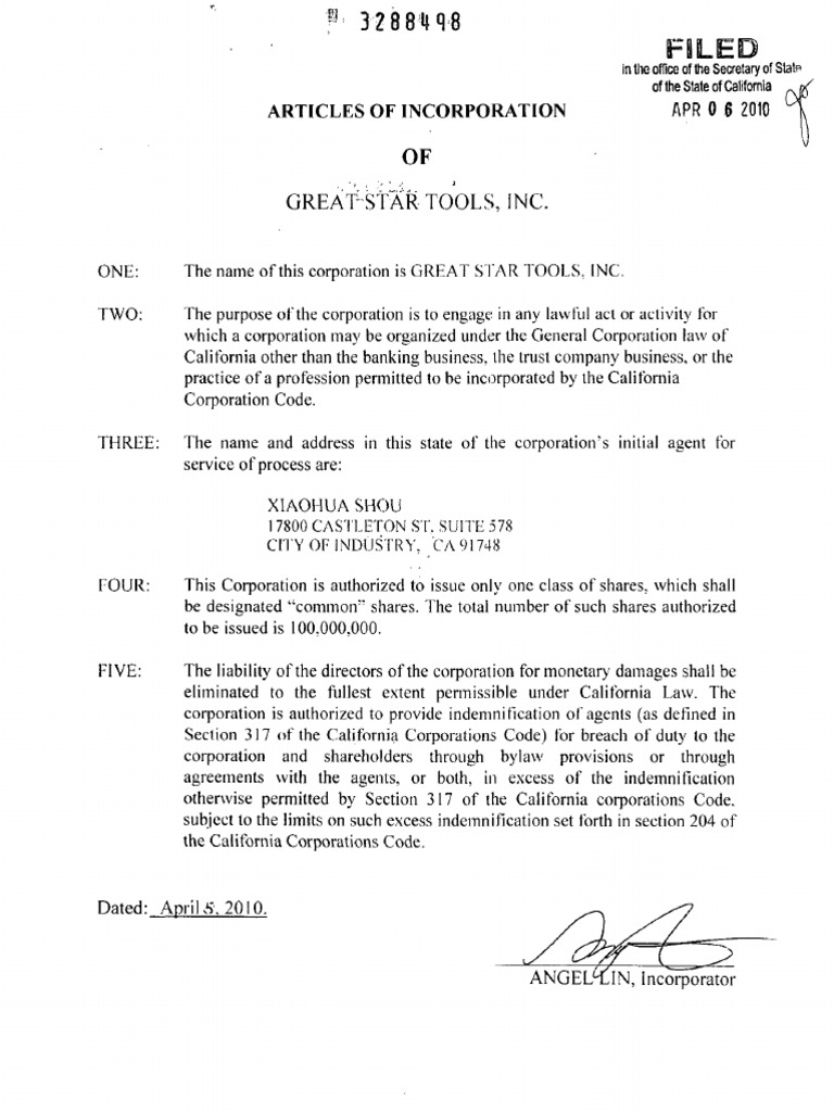 Great Star Tools - Articles of Incorporation | PDF