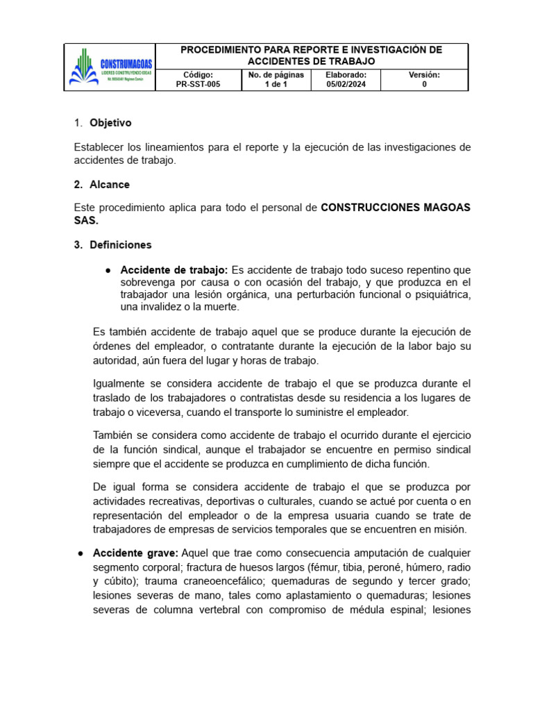 PR-SST-005 Procedimiento para El Reporte y La Investigacion de AT y EL | PDF | Seguridad y salud ...