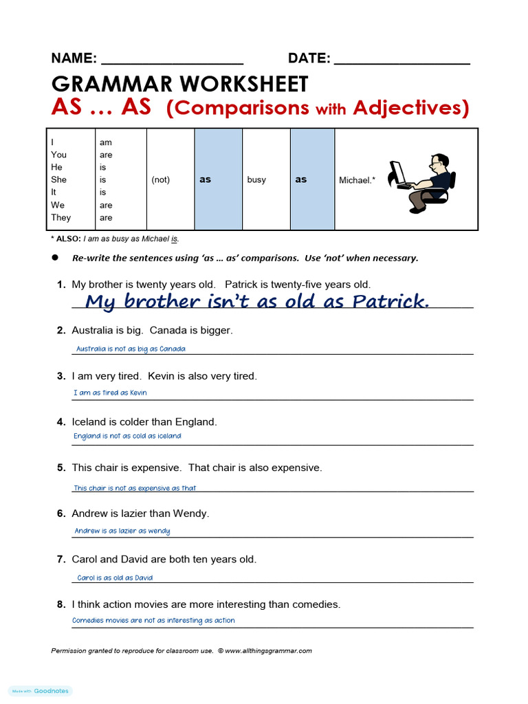 Grammar Worksheet: As...As Comparisons | PDF