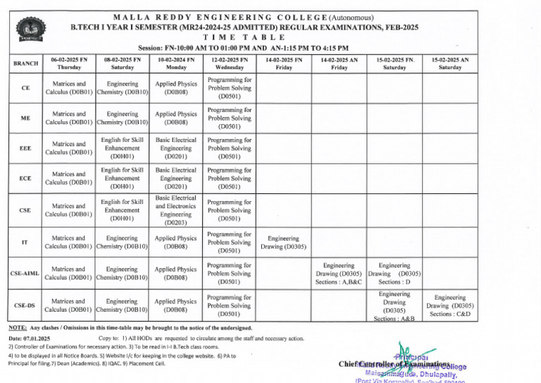 b.tech i Year i Sem Regular Timetable | PDF