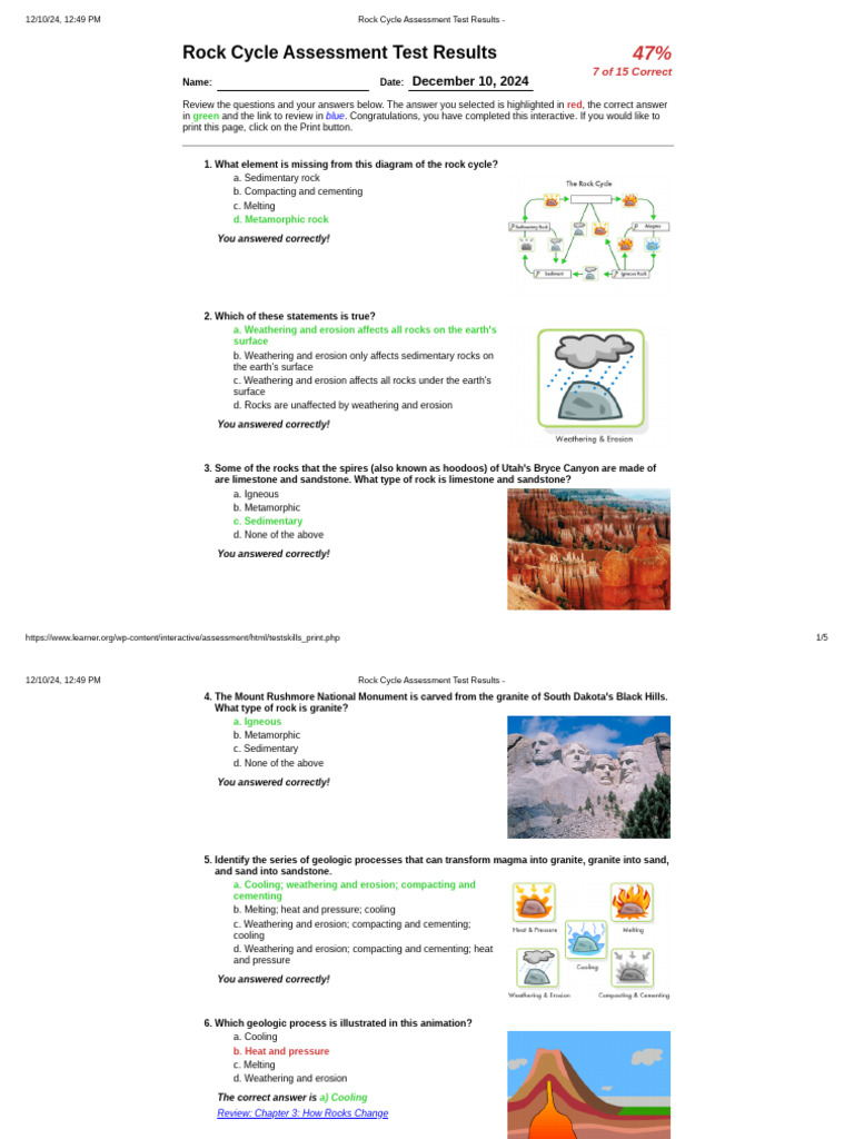 Rock Cycle Assessment Test Results | PDF | Rock (Geology) | Igneous Rock