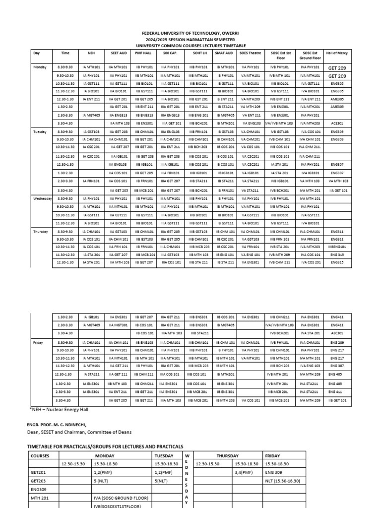 2024 2025 SESSION HARMATTAN SEMESTER University Lecture Timetable | PDF