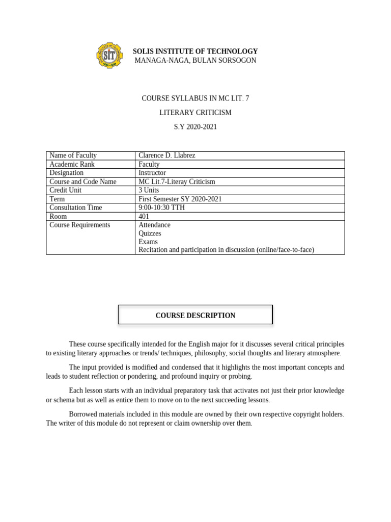 Literary Criticism Syllabus PDF Literary Criticism Human