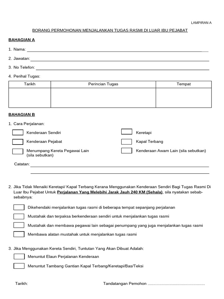 Borang Permohonan Menjalankan Tugas Rasmi Di Luar Ibu Pejabat | PDF