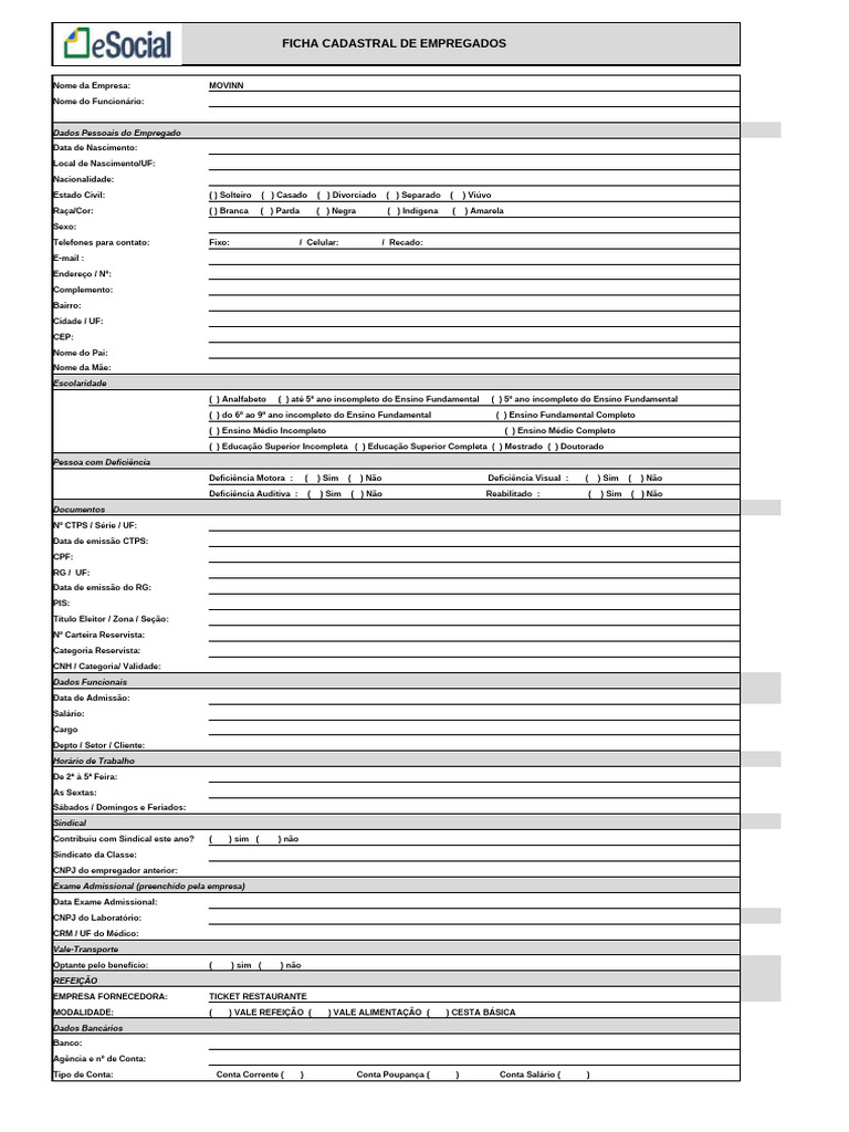 Ficha para Registro de Empregados Esocial | PDF