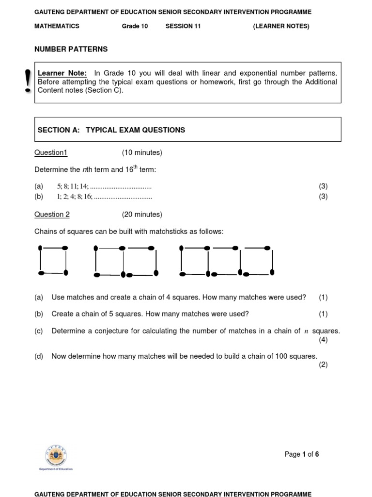 Grade 10 Math: Number Patterns Guide | PDF | Ratio | Formula